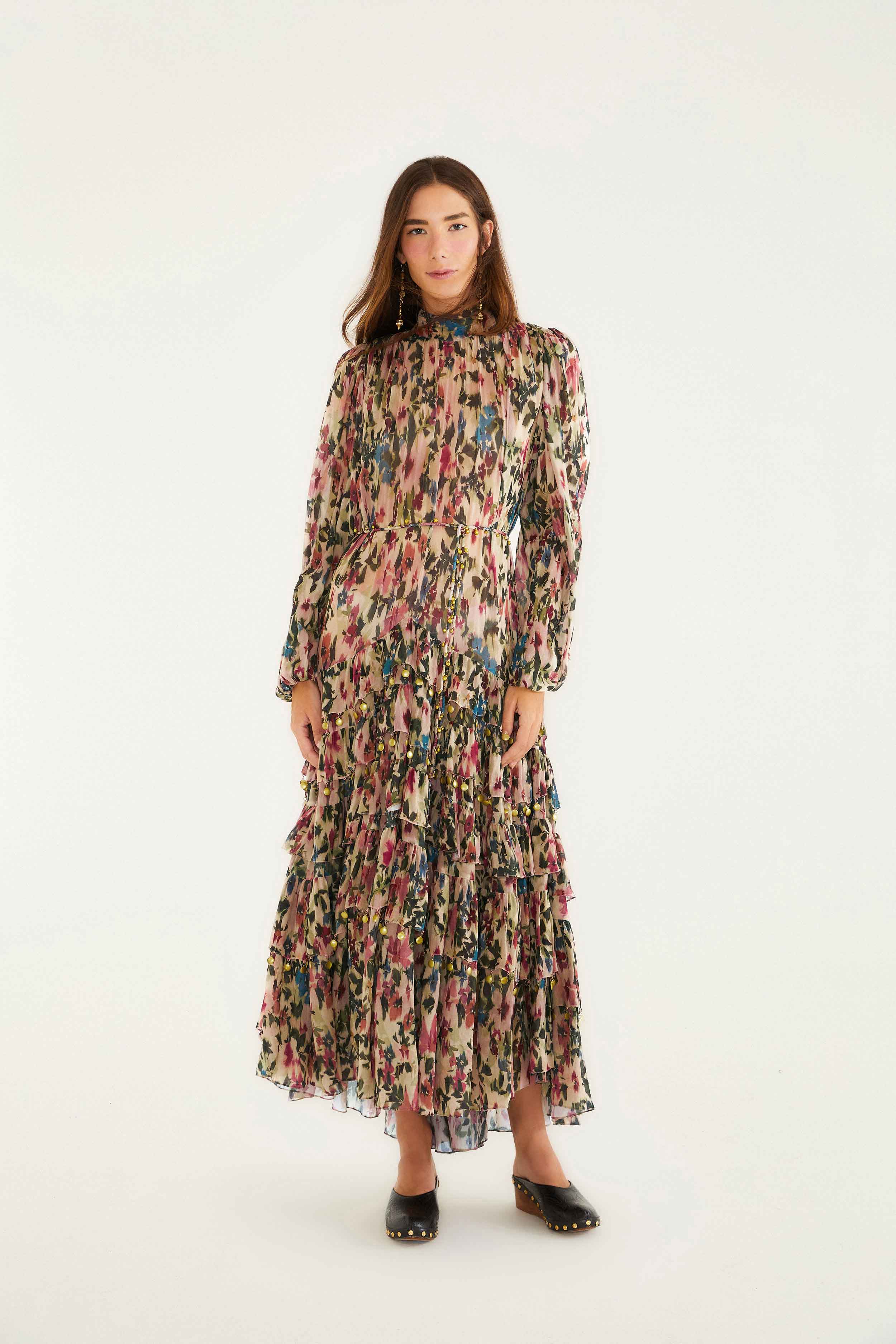 Pink Blurred Tiny Flowers Long Sleeve Maxi Dress | FARM Rio