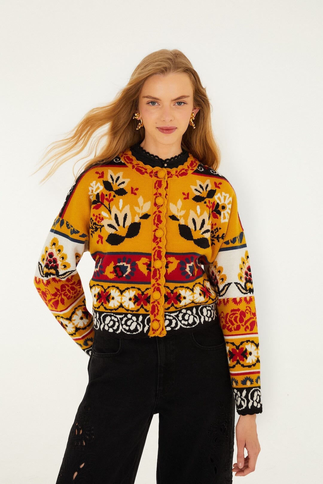 Multicolor Folk Stitched Knit Cardigan | FARM Rio