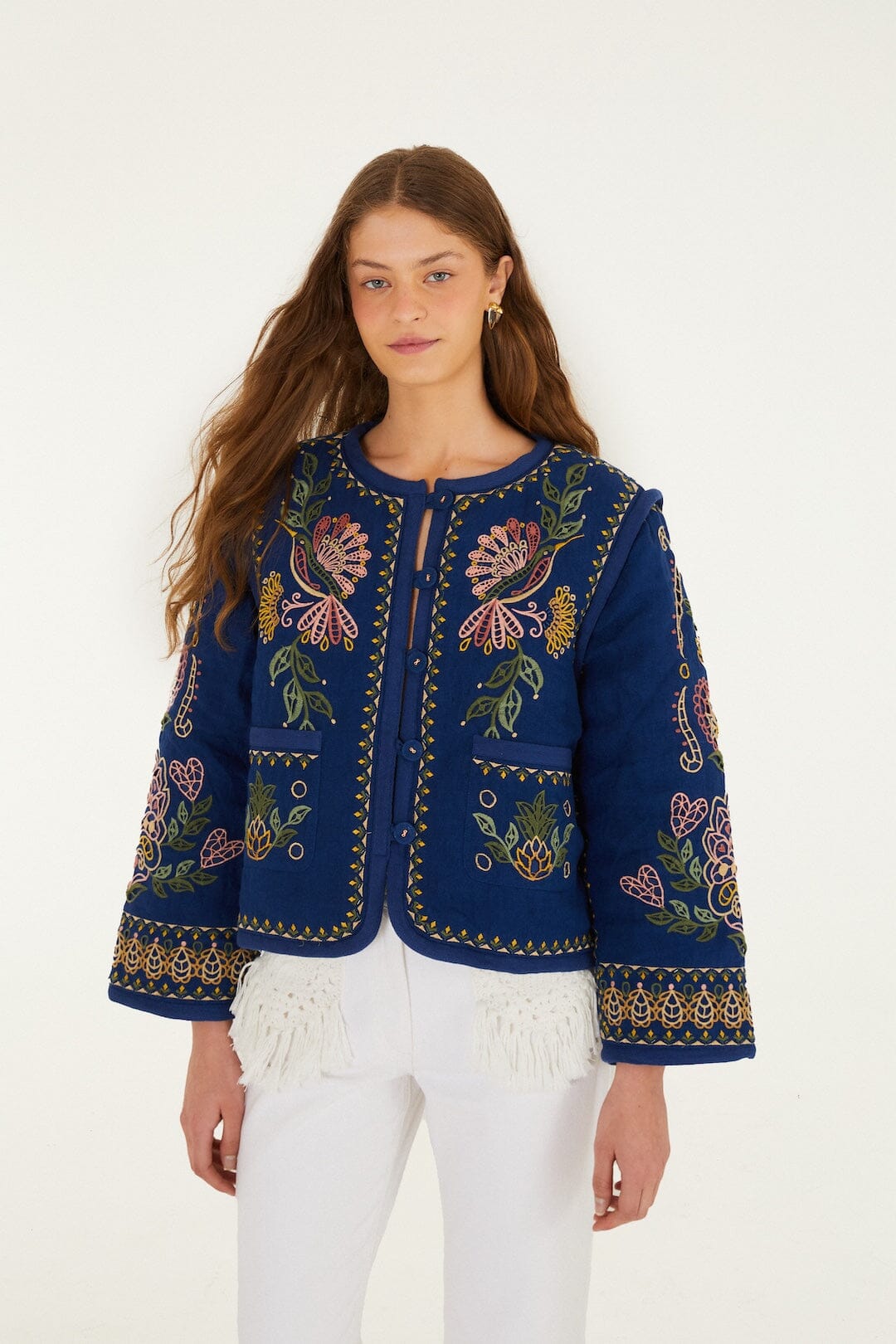 Dark Blue Embroidered Pockets Richelieu Jacket | FARM Rio