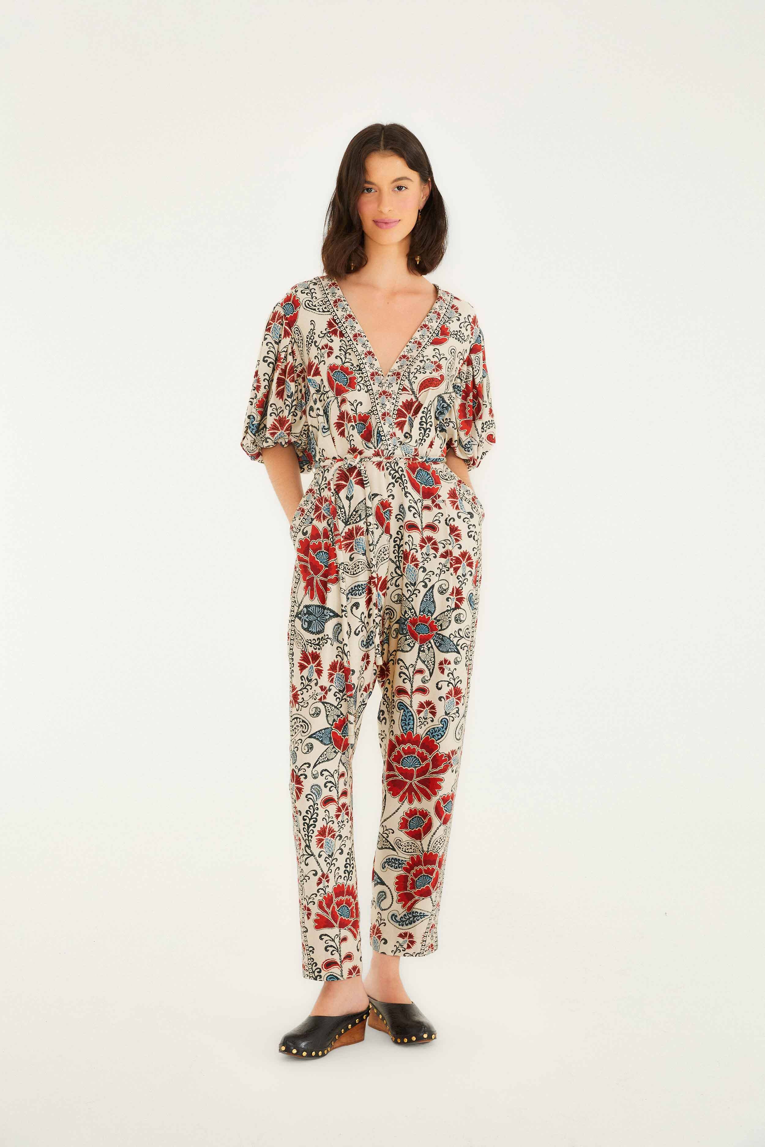Sand Francesca V Neckline Short Sleeve Jumpsuit | FARM Rio